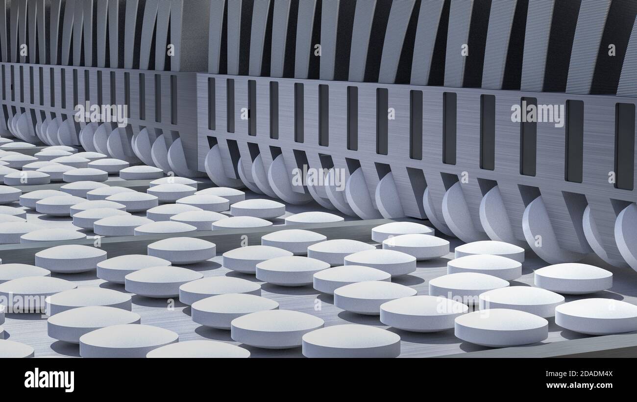 pharmacy medicine pill in production line at medical factory,3d ...