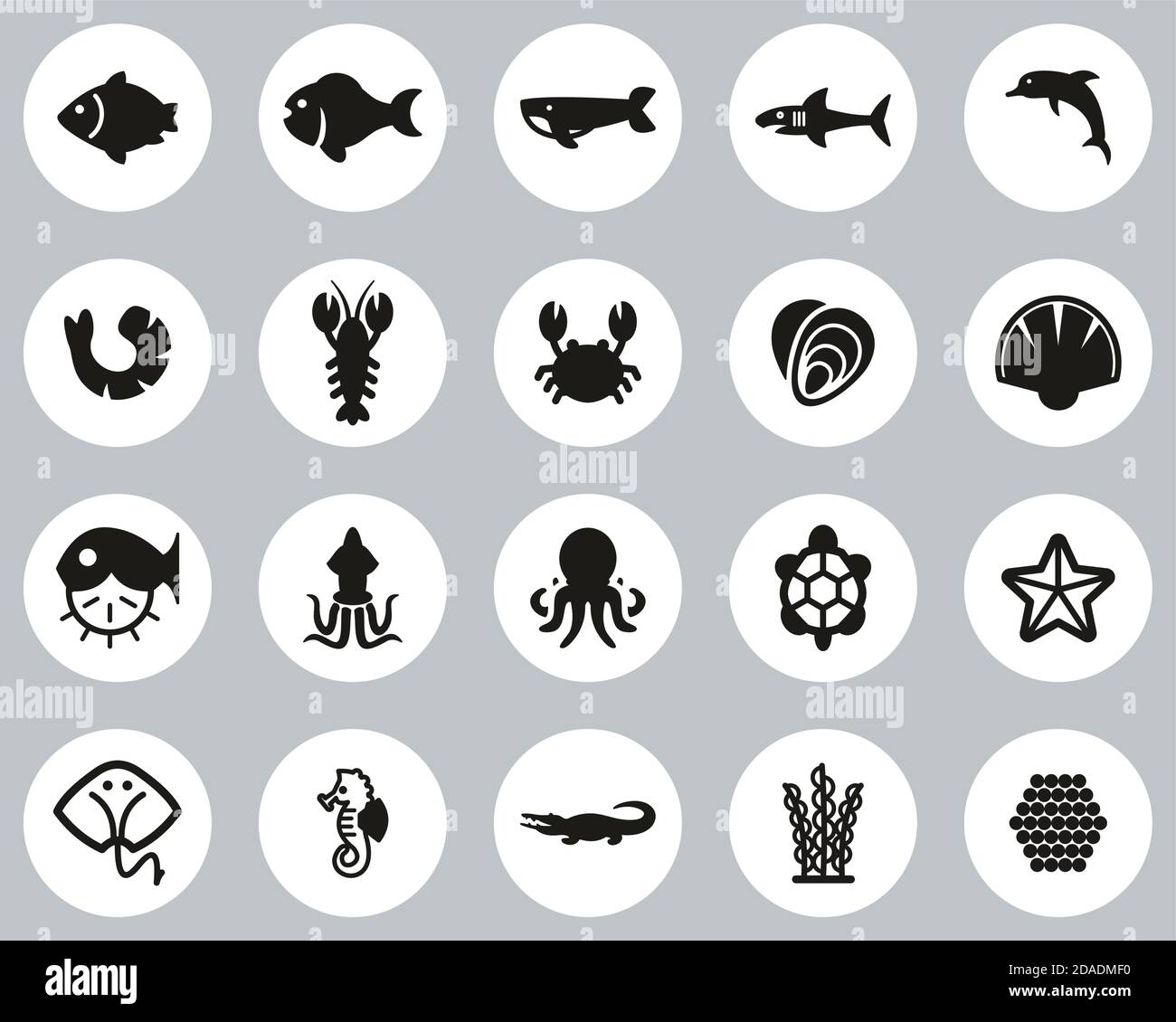 Sea Life & Seafood Icons Black & White Flat Design Circle Set Big Stock ...
