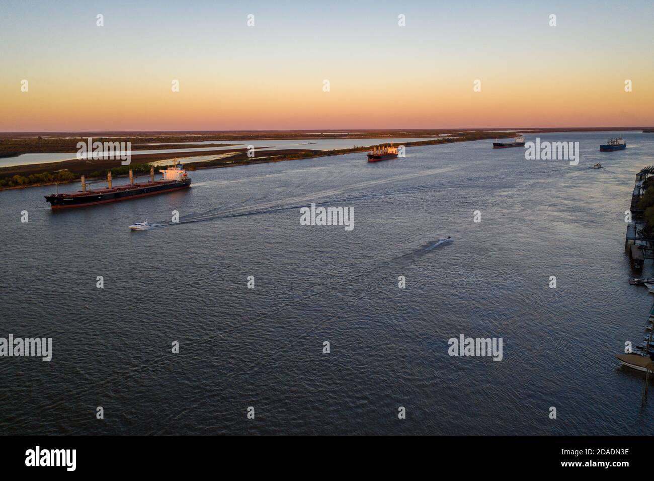 aerial shot in front looking Ships in the river Stock Photo - Alamy