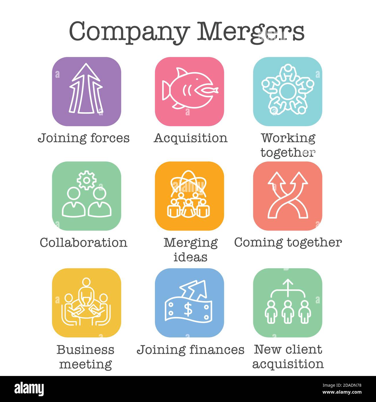 Companies merging together, one buying out the other & icon set banner ...