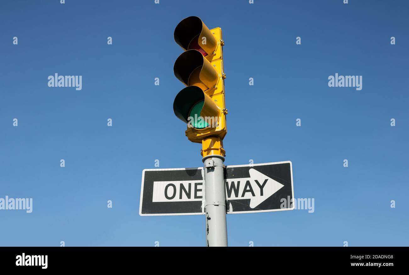 Crosswalk in New York City. Traffic lights on the streets of Brooklyn ...