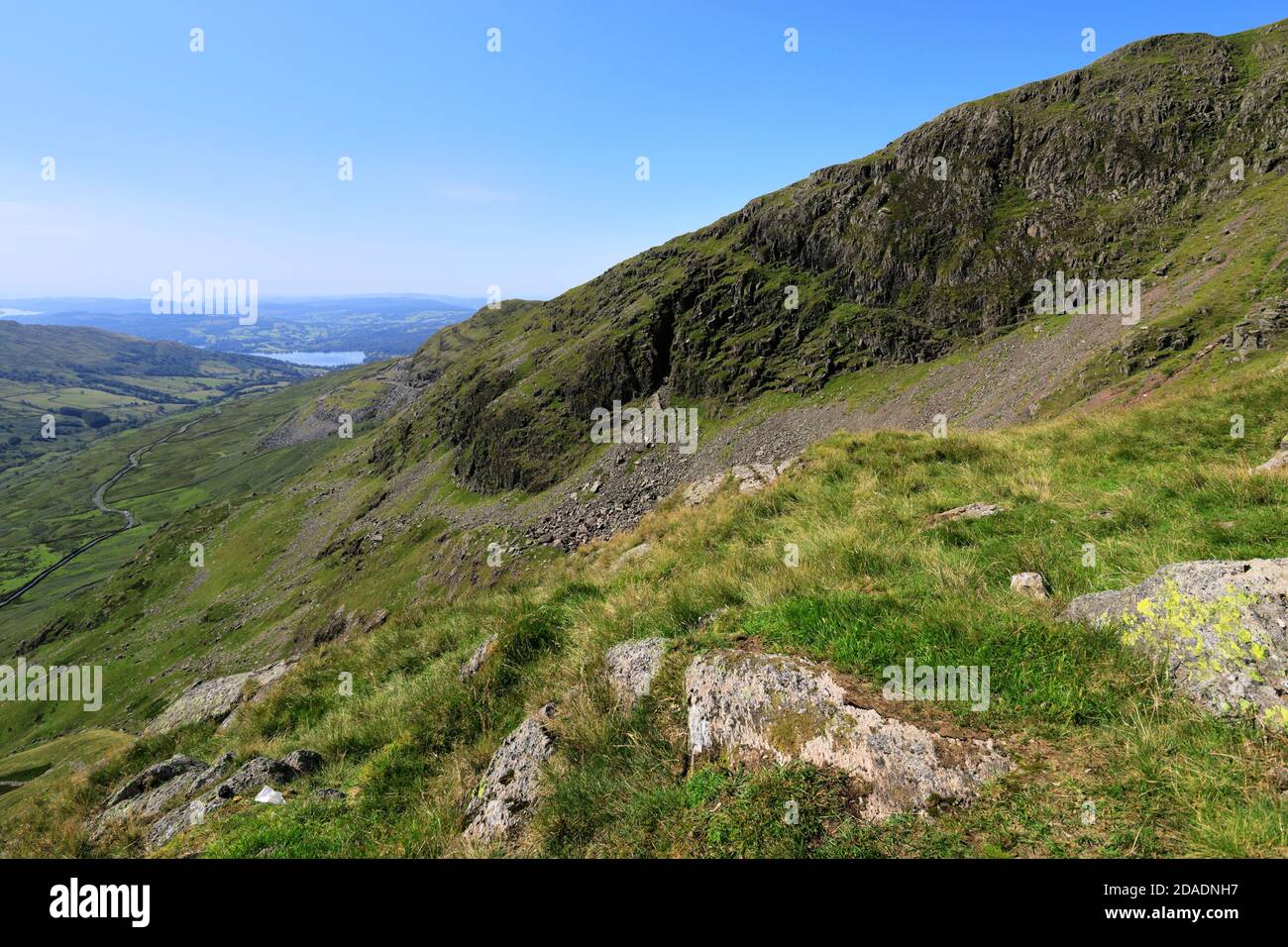 Summer view of Raven Crag, Kirkstone pass, Lake District National Park ...