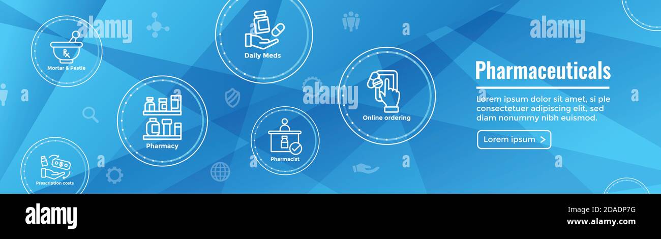 Pharmaceuticals & medications icon set with web header banner Stock ...