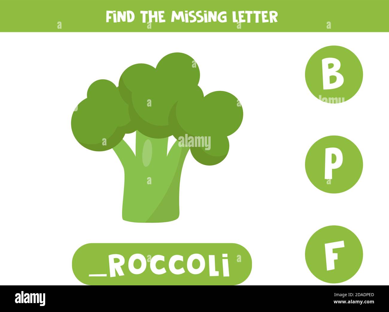 Spelling game for kids. Find missing letter. Cartoon broccoli Stock ...