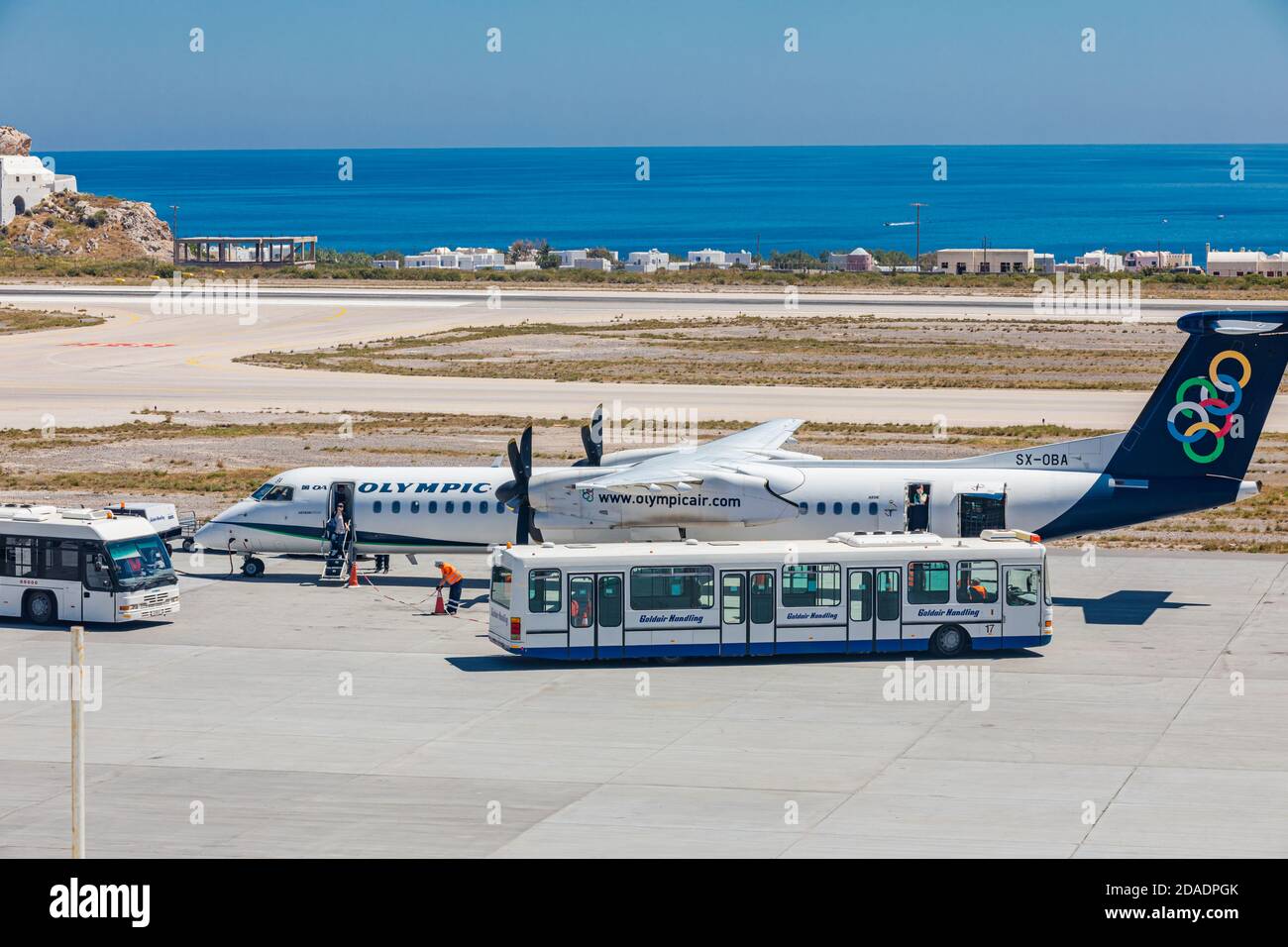 05.13.19 - Santorini, Greece: Olympic Airlines aircraft landing. At the ...