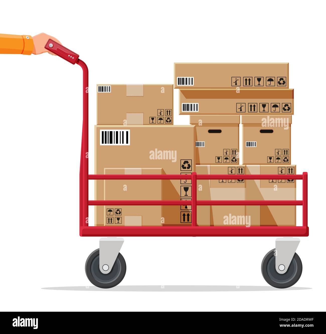 Barrow full of boxes isolated on white. Metallic wheeled trolley with ...