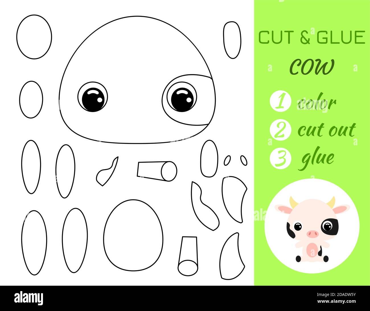 Simple educational game coloring page cut and glue sitting baby cow for ...
