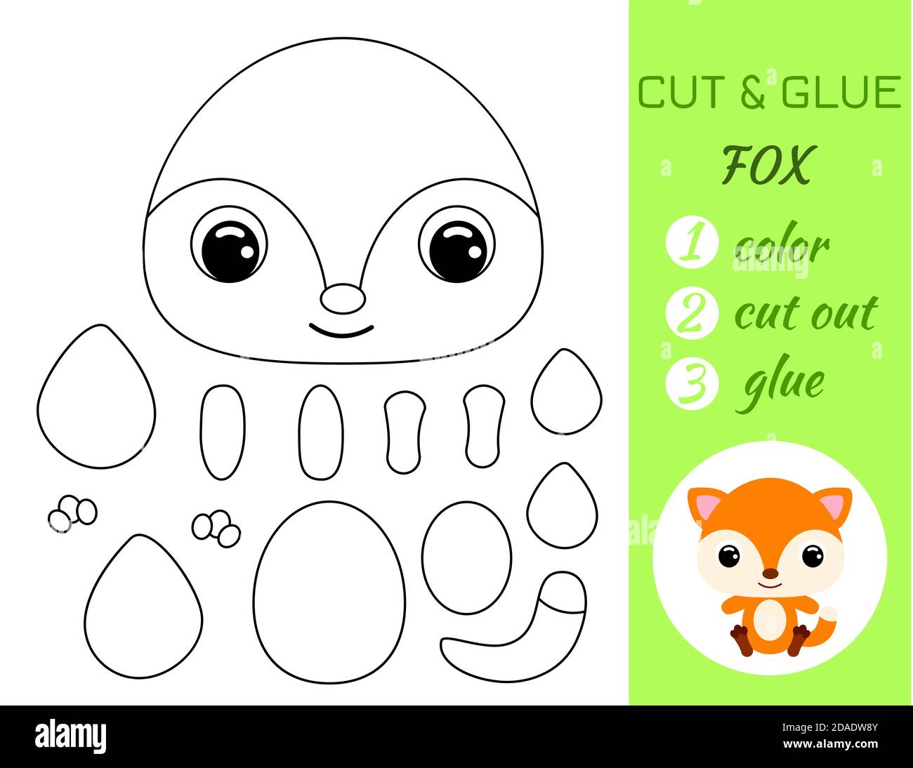 Simple educational game coloring page cut and glue sitting baby fox for ...