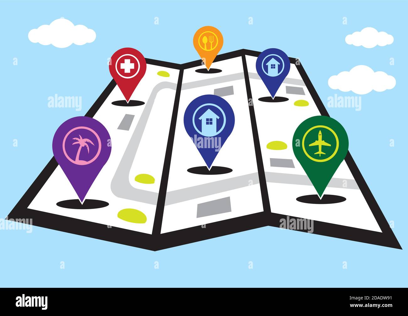 Vector illustration of three-fold street map with 3D markers for hotels ...