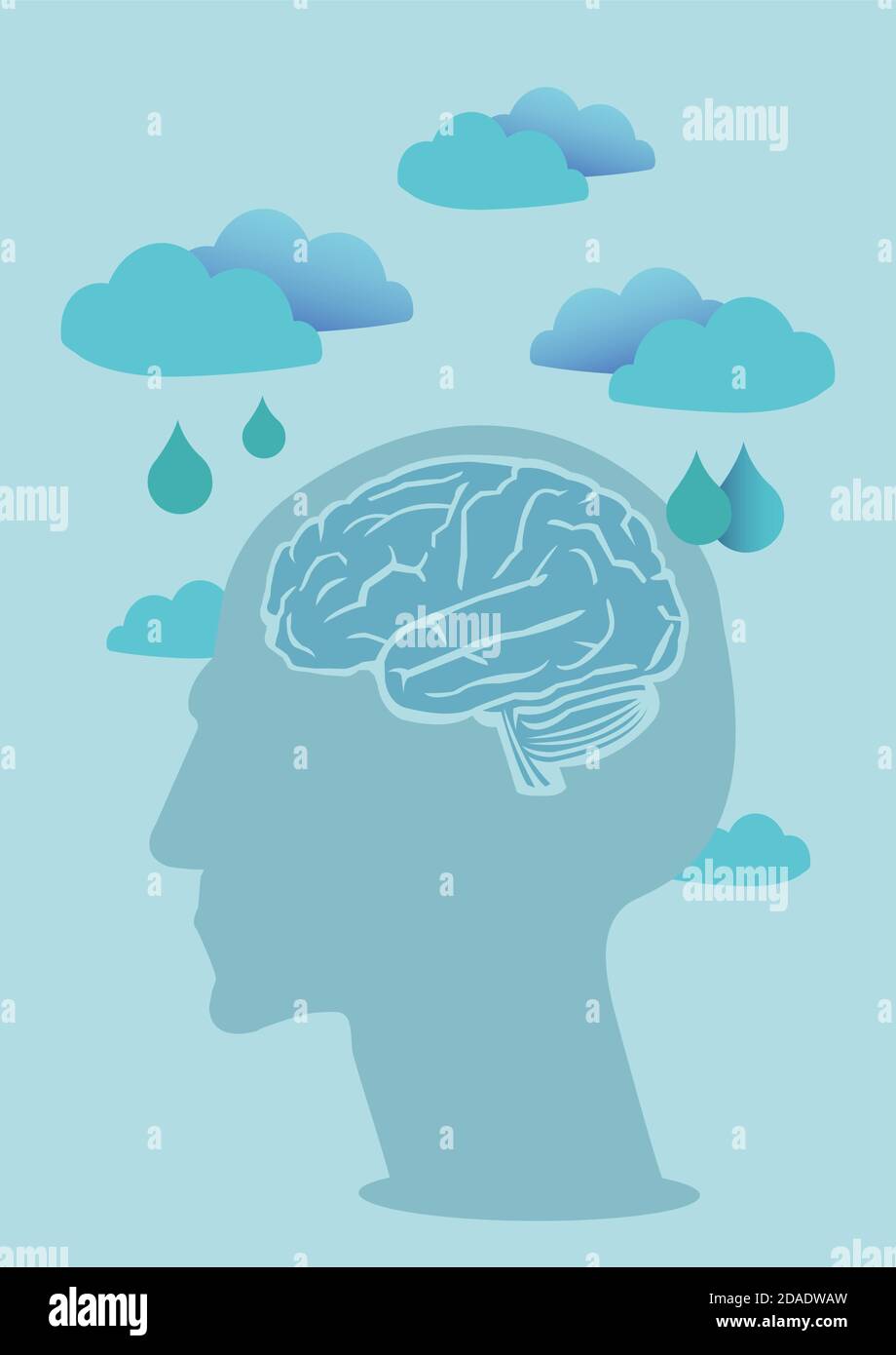 Design graphic of a human brain with cloud and raindrops. Psychology or ...