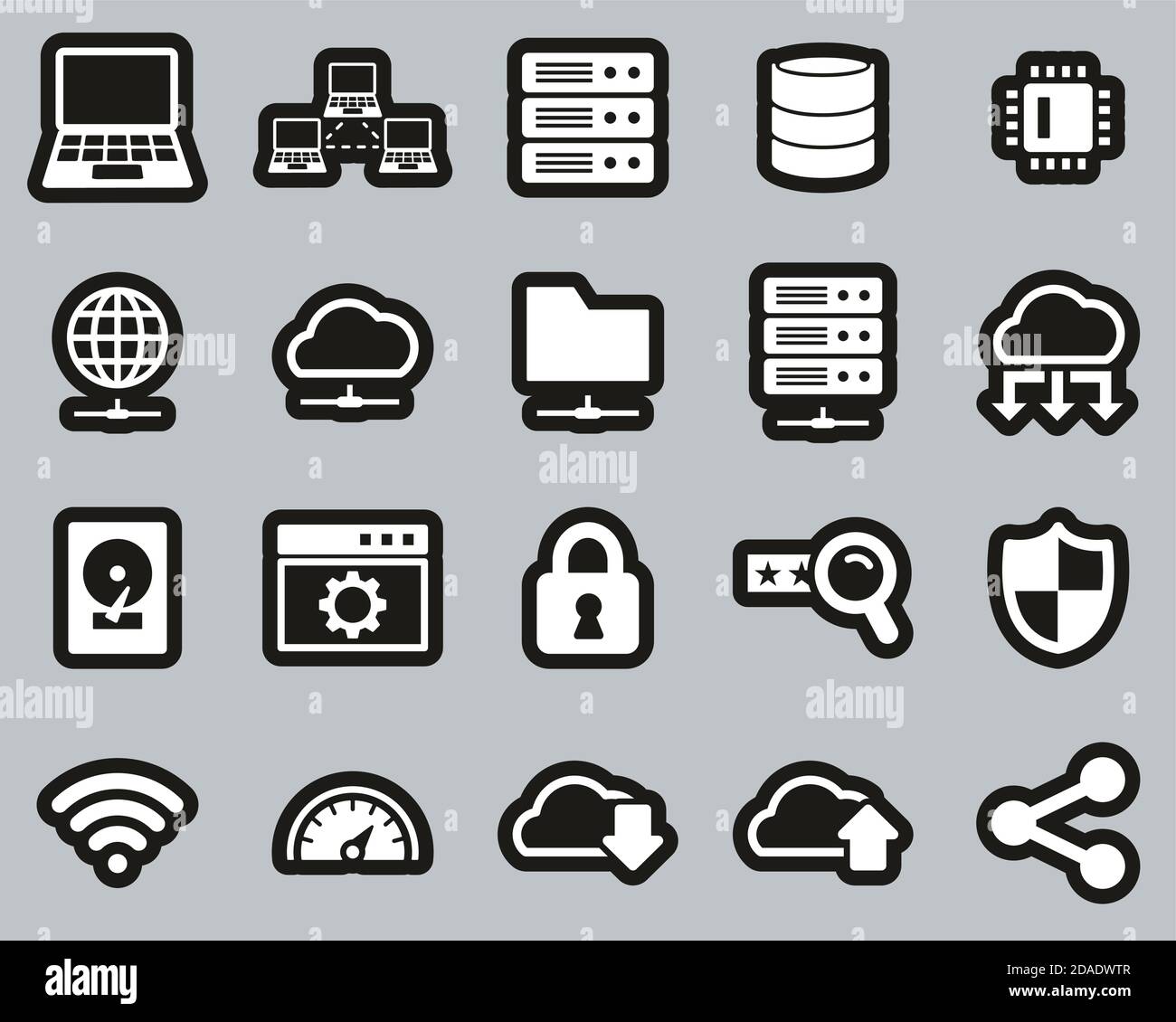 Server & Data Center Icons White On Black Sticker Set Big Stock Vector ...