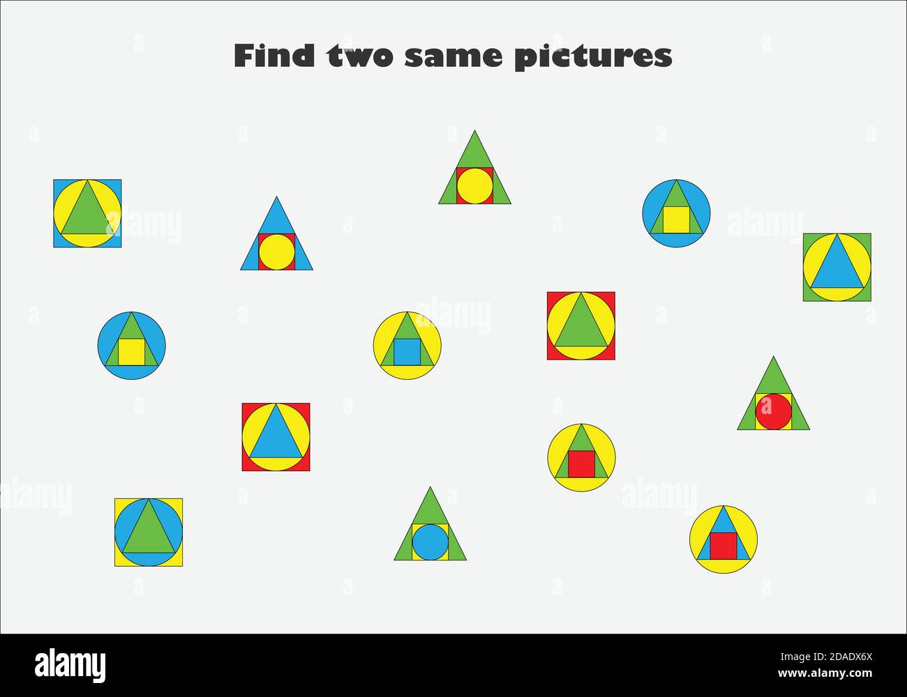 Find two identical pictures, fun education game with colorful geometric shapes for children ...