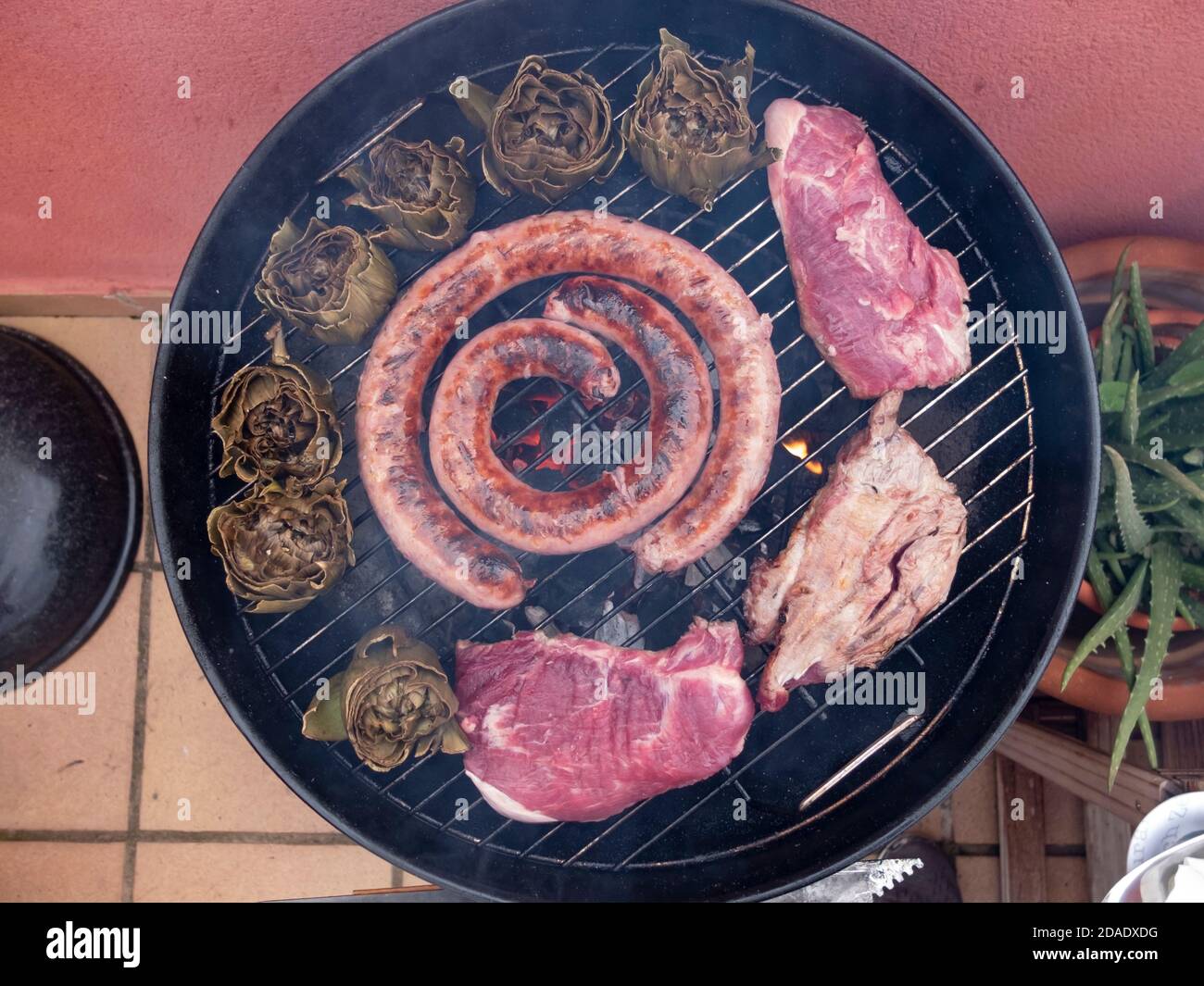 Assorted delicious grilled meat with vegetables over the coals on ...