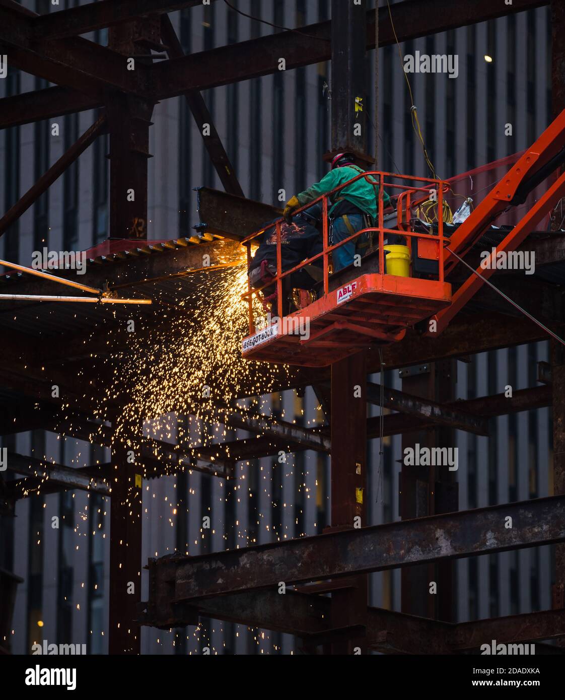 NEW YORK, USA - Apr 30, 2016: Workers on the construction site. Metal ...