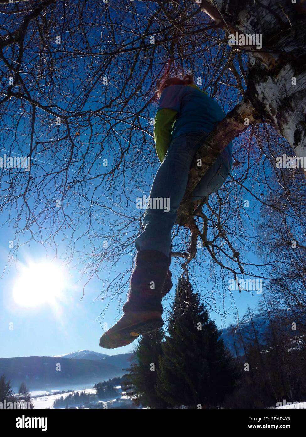 woman sitting on a tree in snowy landscape, sunbathing in blue winter ...