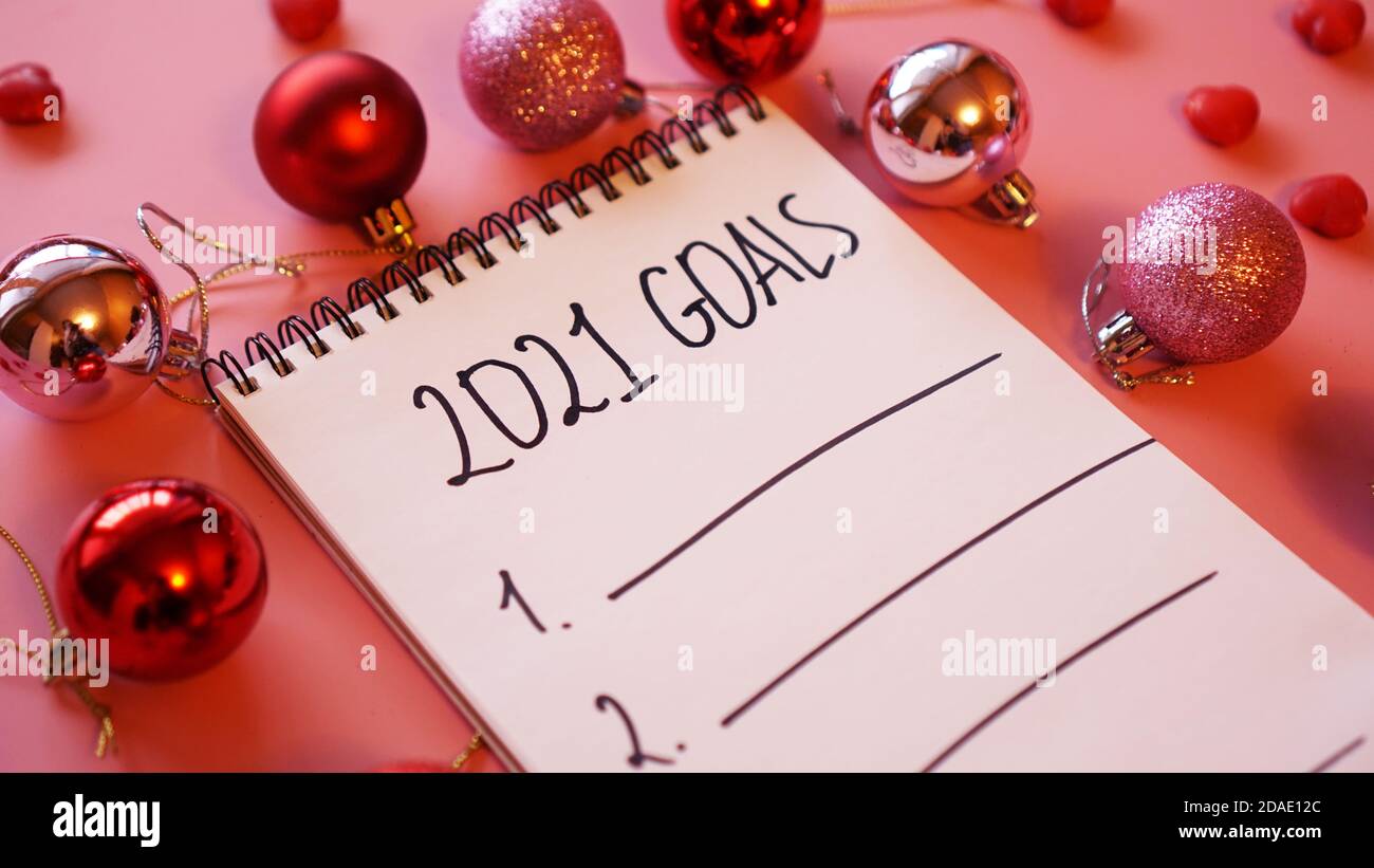 Goal list for 2021 concept. Pink background with Christmas balls Stock ...