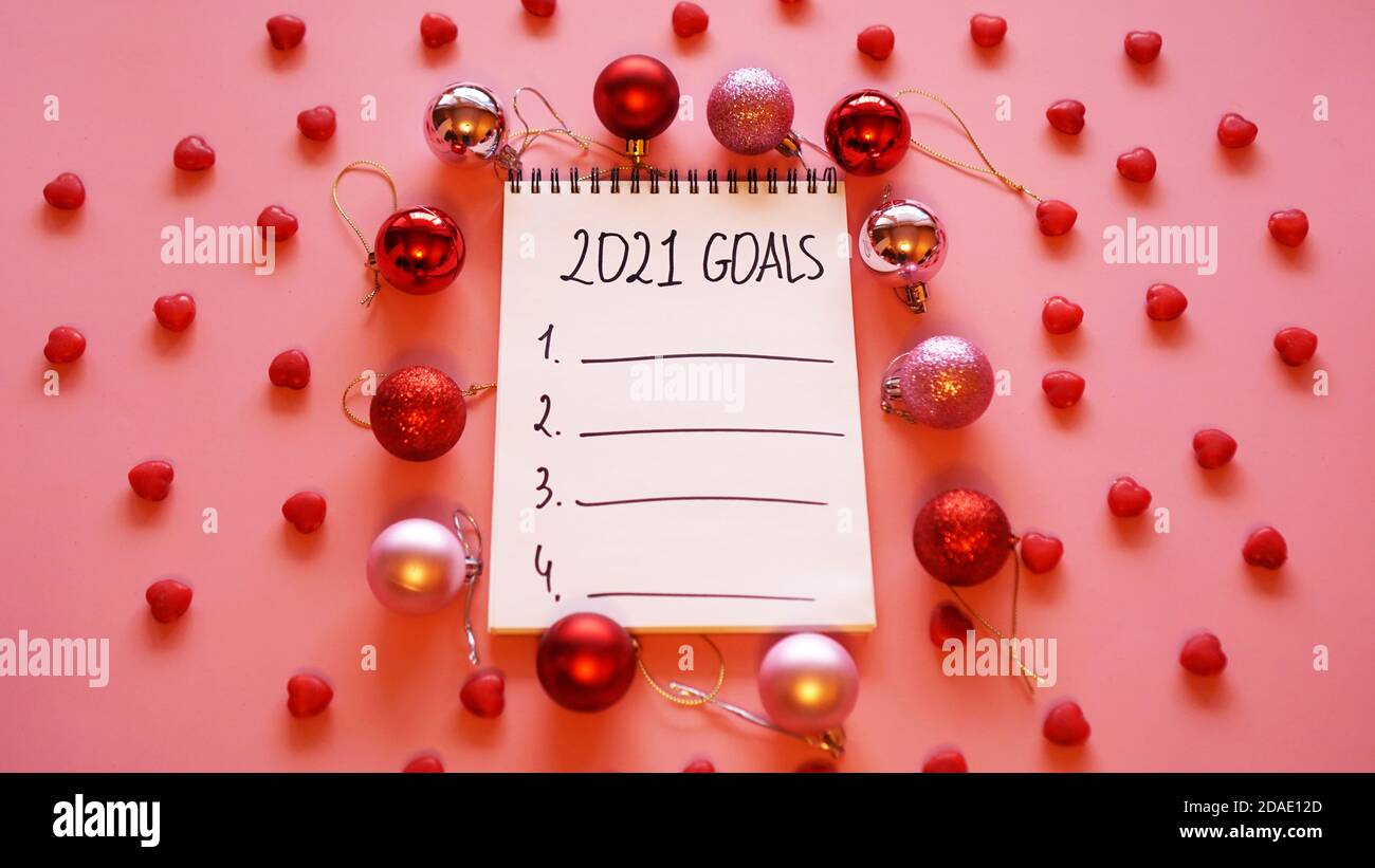 Goal list for 2021 concept. Pink background with Christmas balls Stock ...