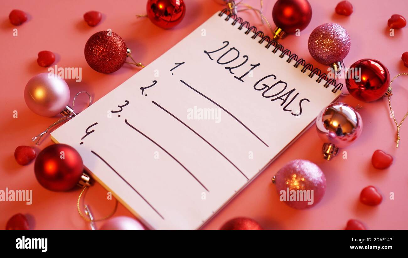 Goal list for 2021 concept. Pink background with Christmas balls Stock ...