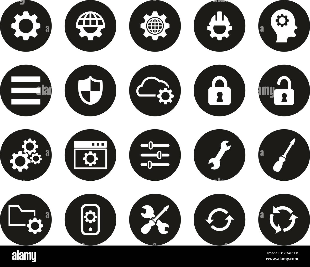 Settings Icons White On Black Flat Design Circle Set Big Stock Vector ...