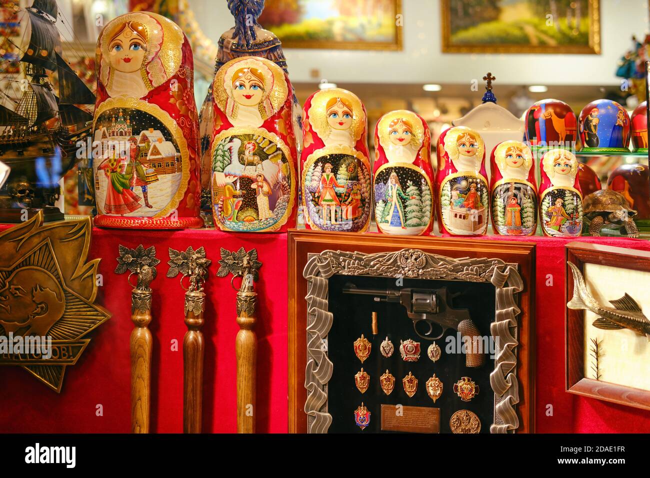 Soviet souvenir shop - showcase with Lenin, Russian nesting dolls ...