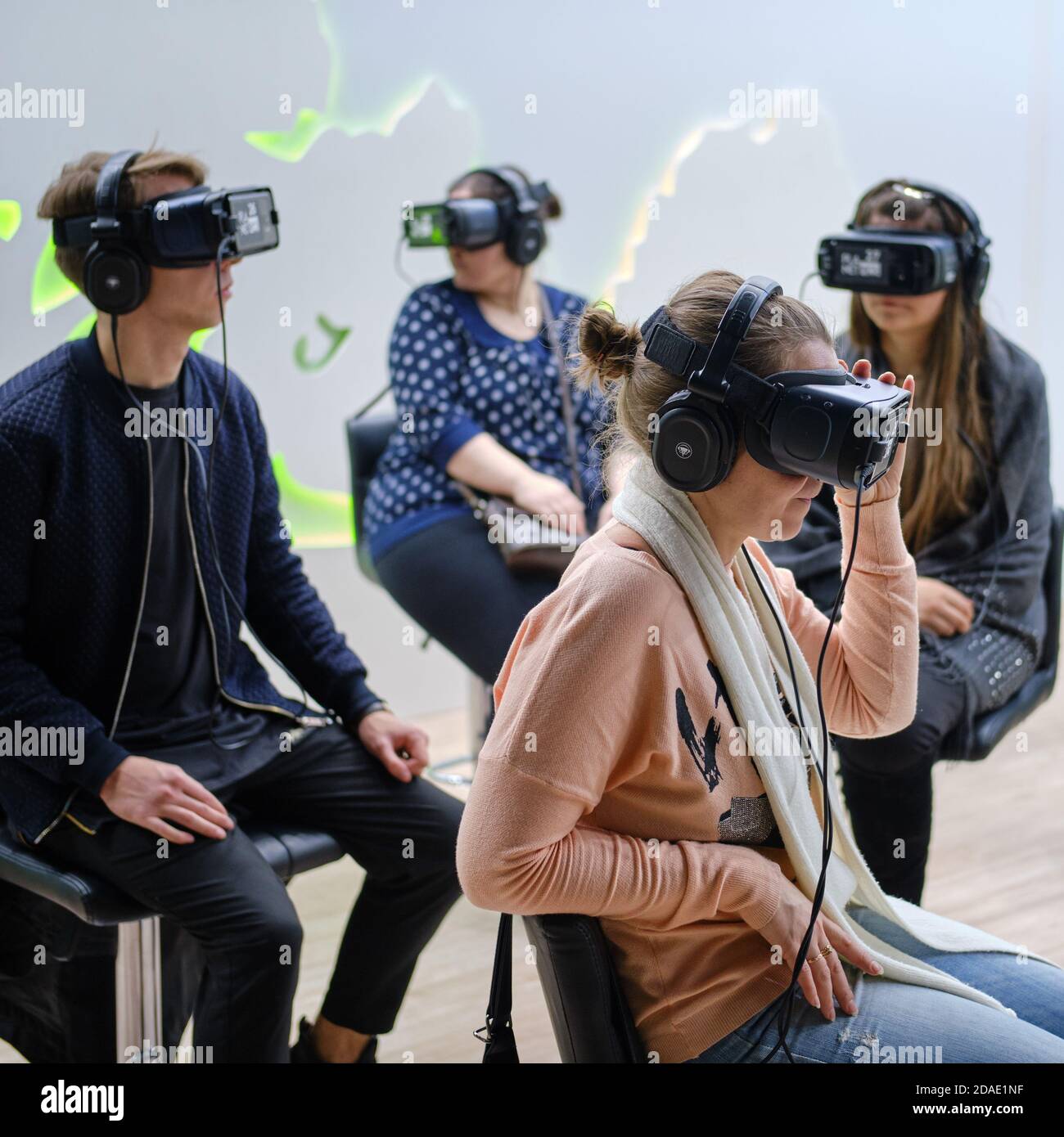 Men and women wearing Oculus rift Gear VR virtual reality helmet Moscow Russia 12 13 2019 Stock Photo Alamy