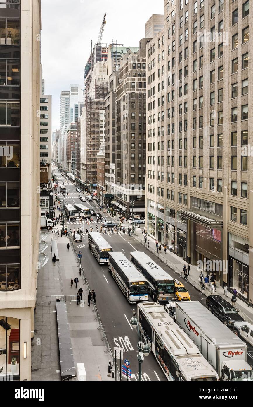 NEW YORK, USA - Sep 20, 2017: Manhattan street scene. Cars and buses on ...