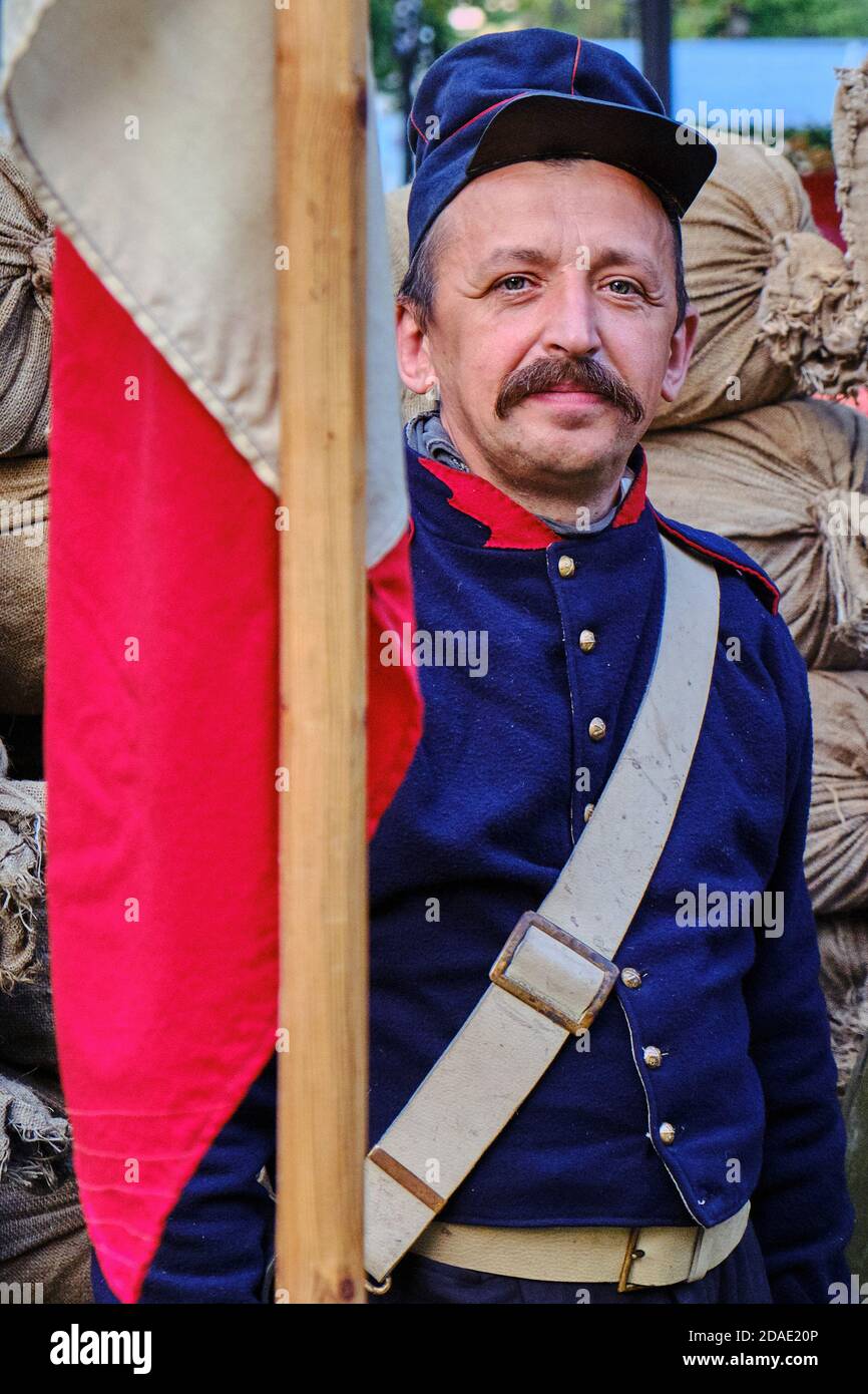 Moscow Russia 06 07 2019: French army gunner in the Crimean war. Flag ...