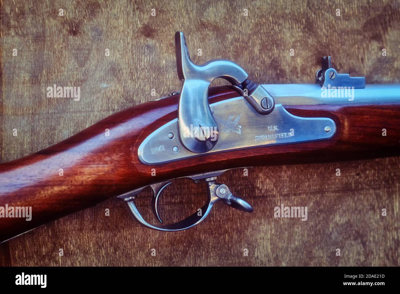 Ancient American shock rifle of the civil war, close-up. Percussion ...