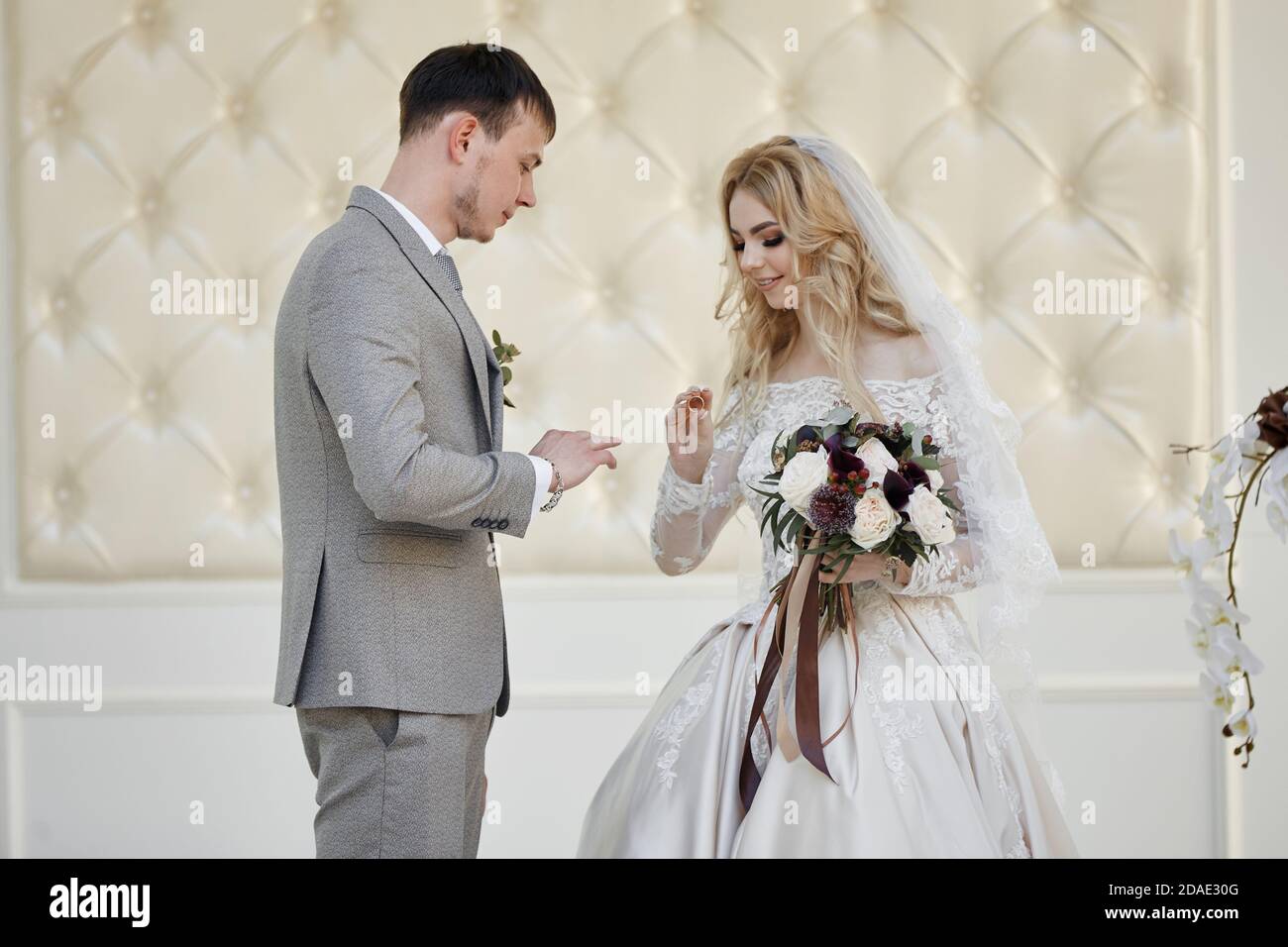 Bride woman and groom register their marriage. Wedding in nature. Love ...