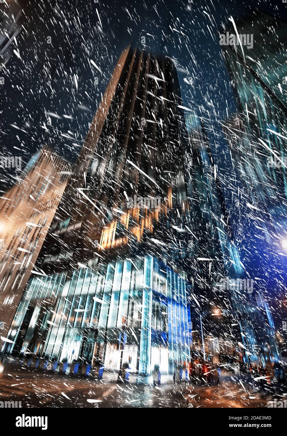 Winter in NYC. Snowstorm night in New York City. Illumination and night ...