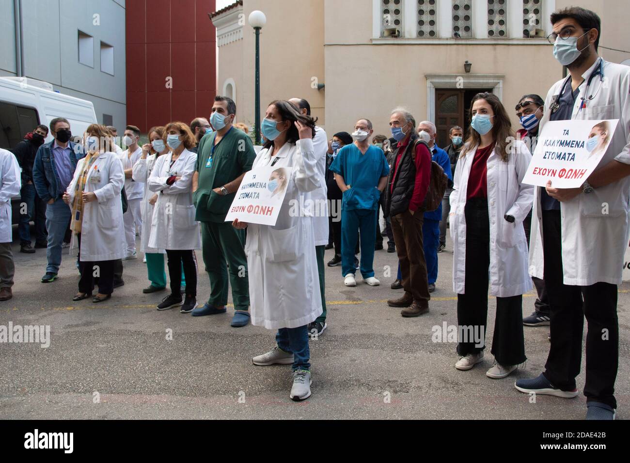 Athens, Greece. 12th Nov, 2020. Healthcare workers hold placards and ...