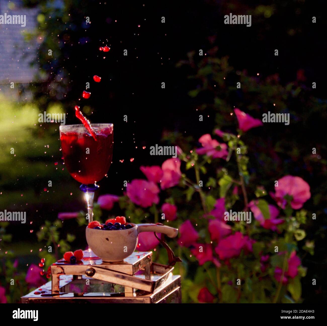 Homemade wine splash scene. Red wine in the garden background Stock ...