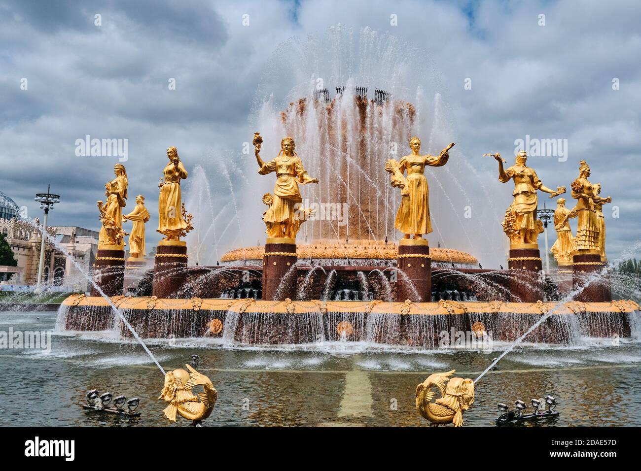 The renovated Fountain Friendship of Peoples at VDNH, gold statues ...
