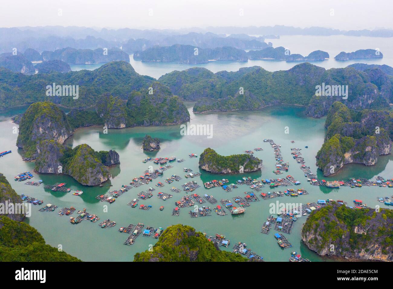 Aerial view of Floating fishing village in Lan Ha Bay, Vietnam. UNESCO ...