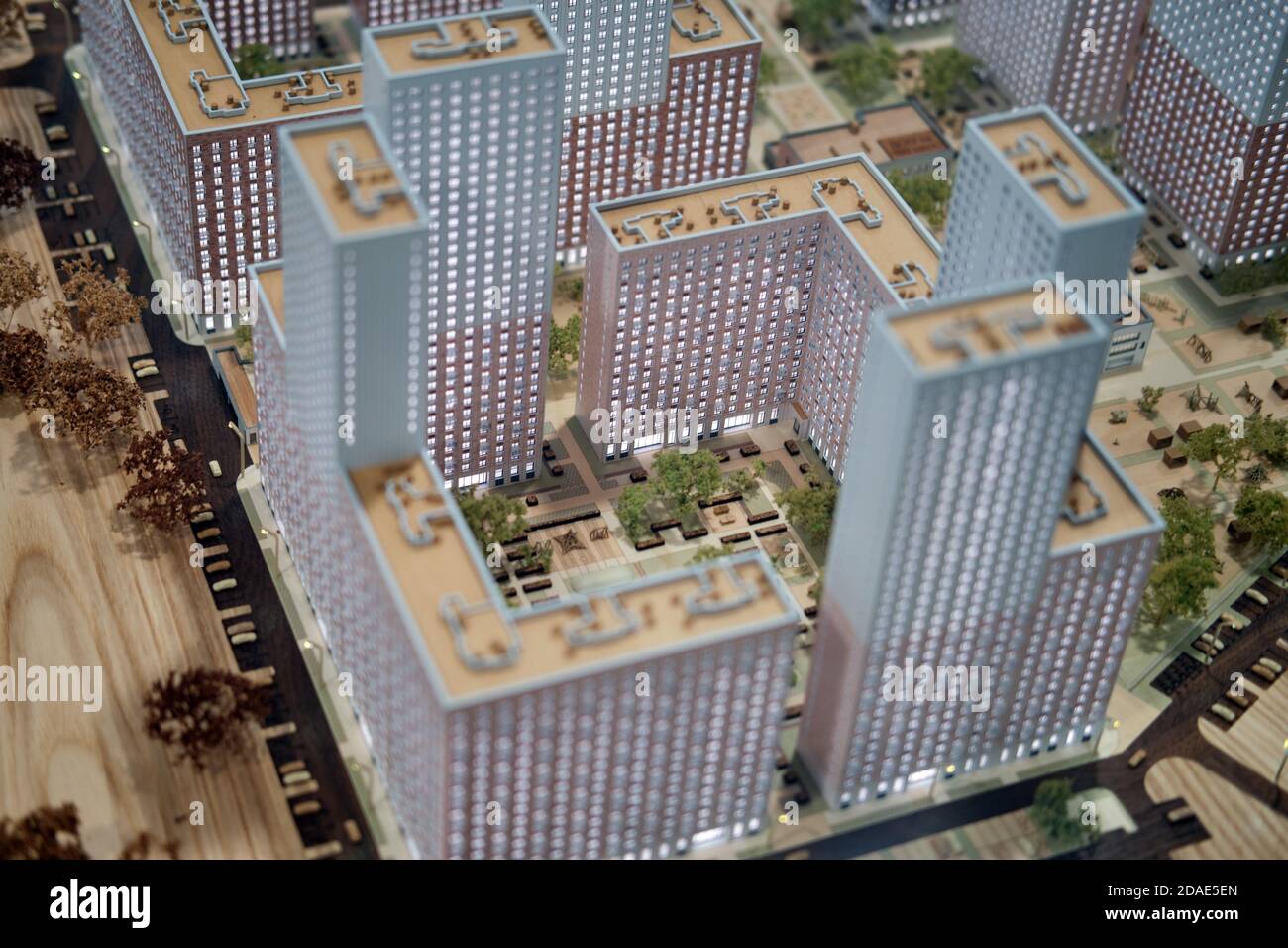 Layout of a residential complex of high-rise buildings, close-up. Night ...