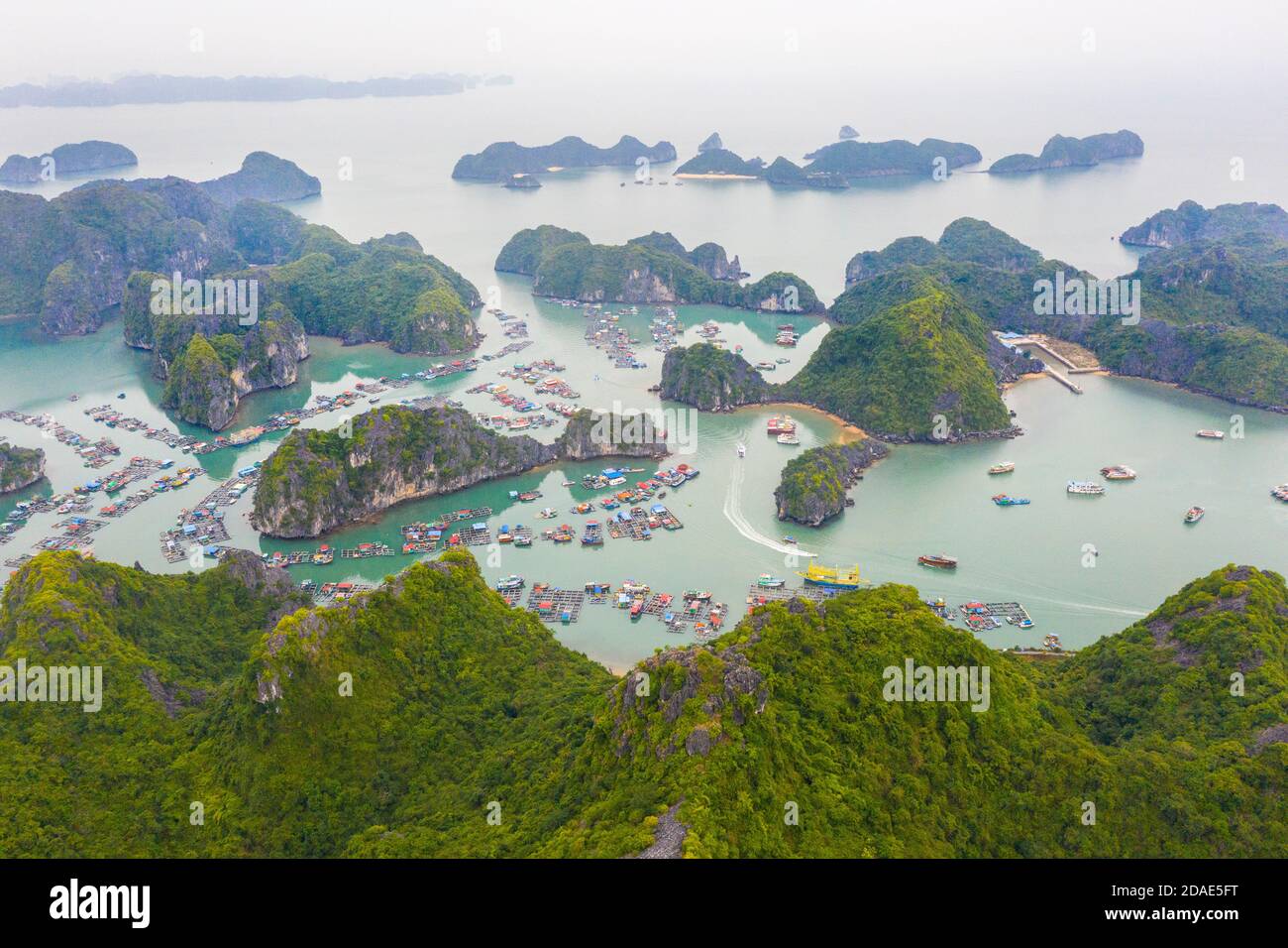 Aerial view of Floating fishing village in Lan Ha Bay, Vietnam. UNESCO ...