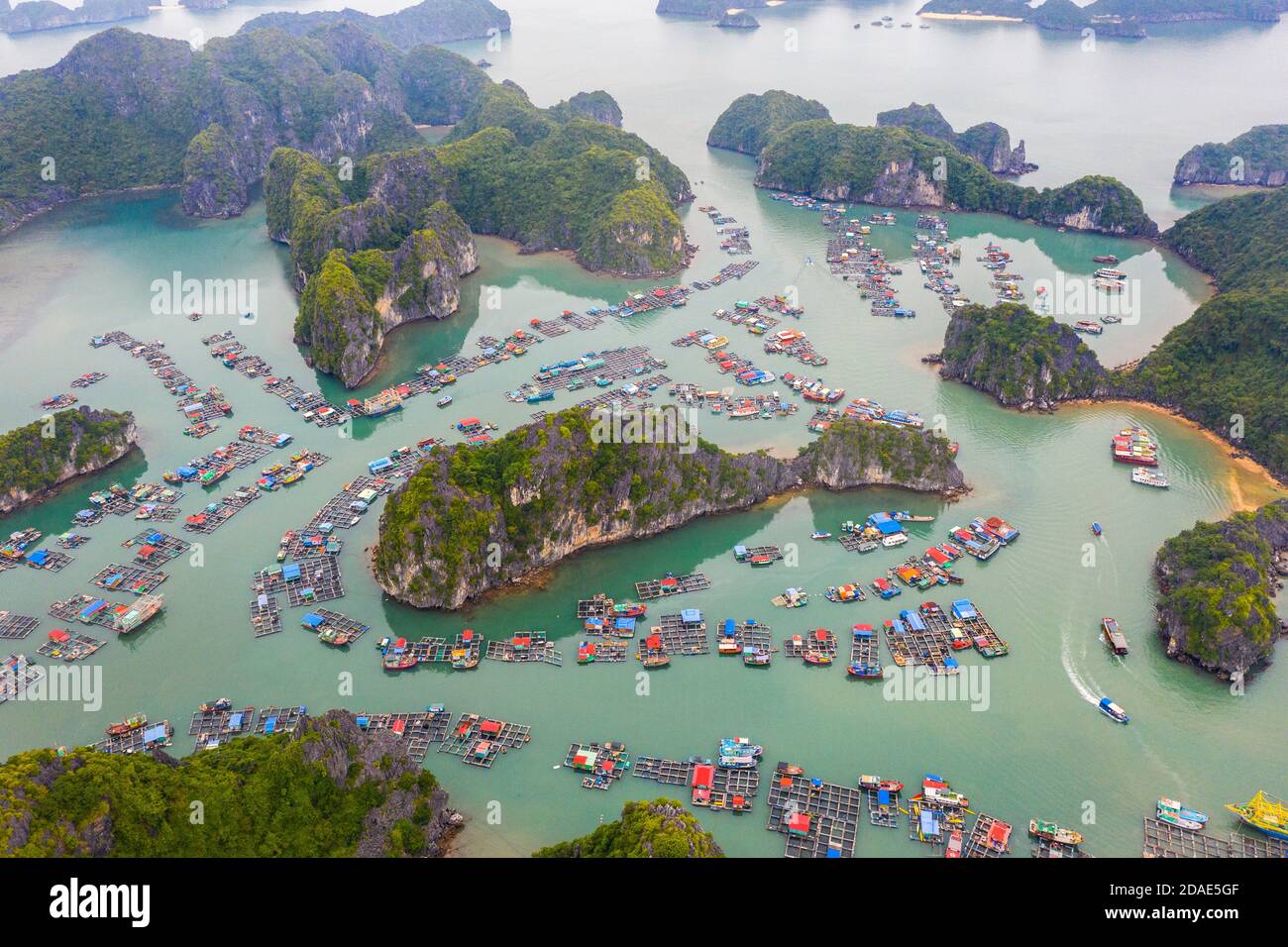 Aerial view of Floating fishing village in Lan Ha Bay, Vietnam. UNESCO ...