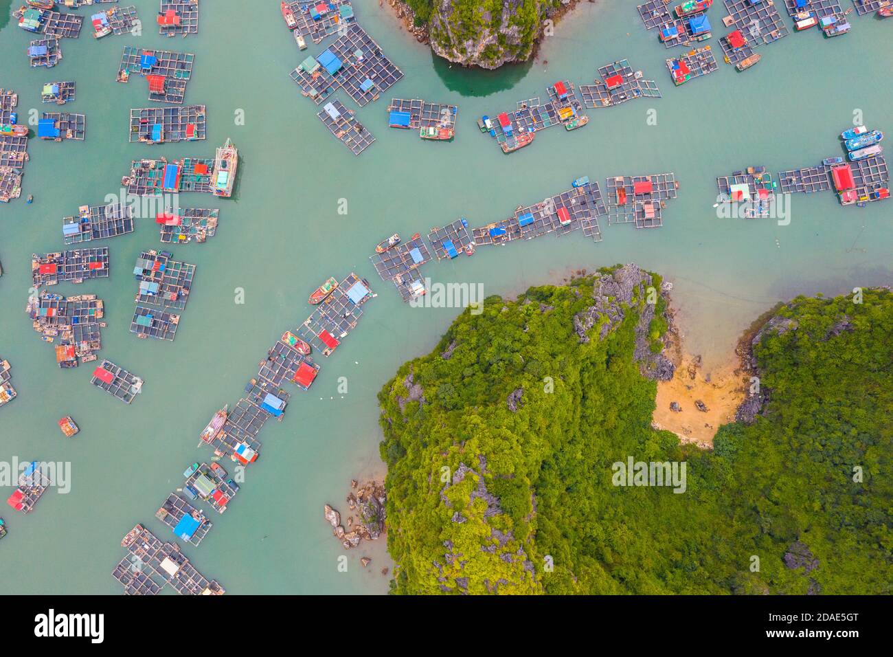 Aerial view of Floating fishing village in Lan Ha Bay, Vietnam. UNESCO ...