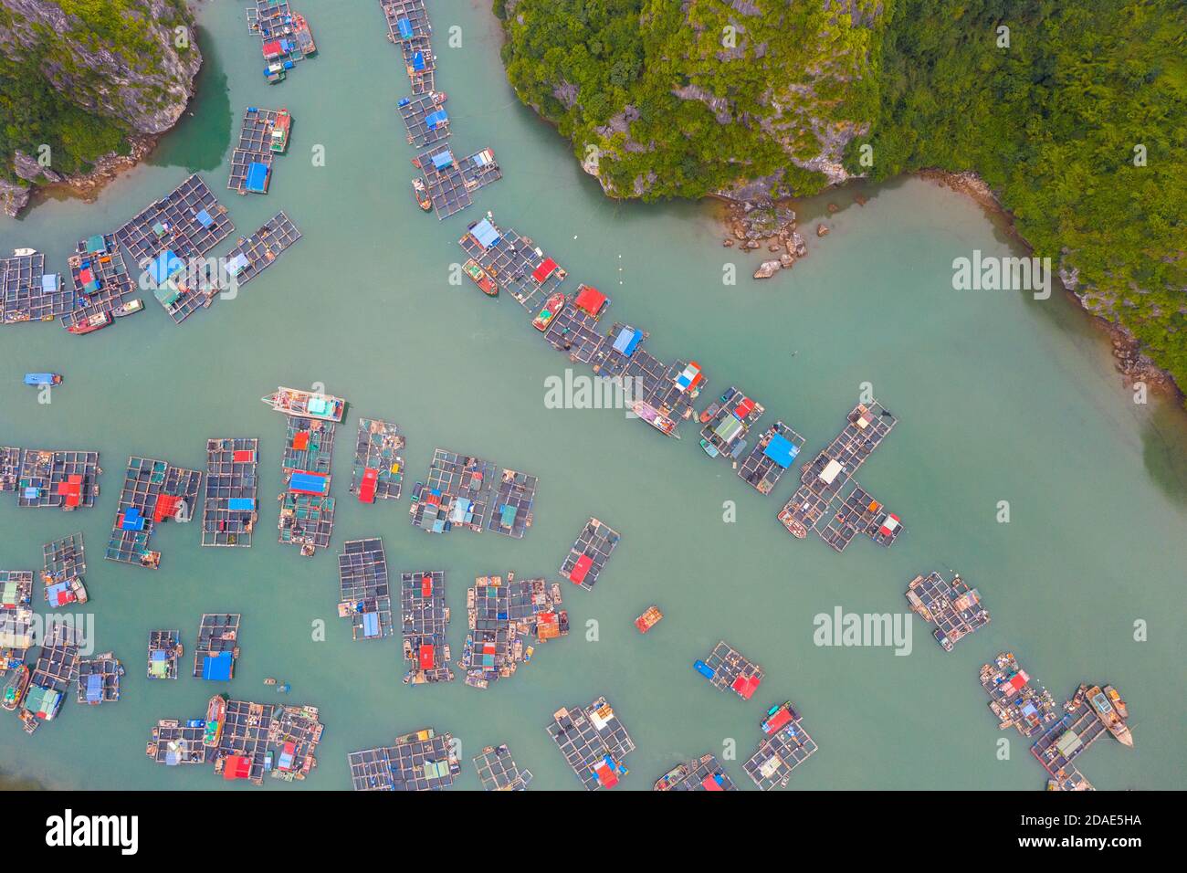 Aerial view of Floating fishing village in Lan Ha Bay, Vietnam. UNESCO ...