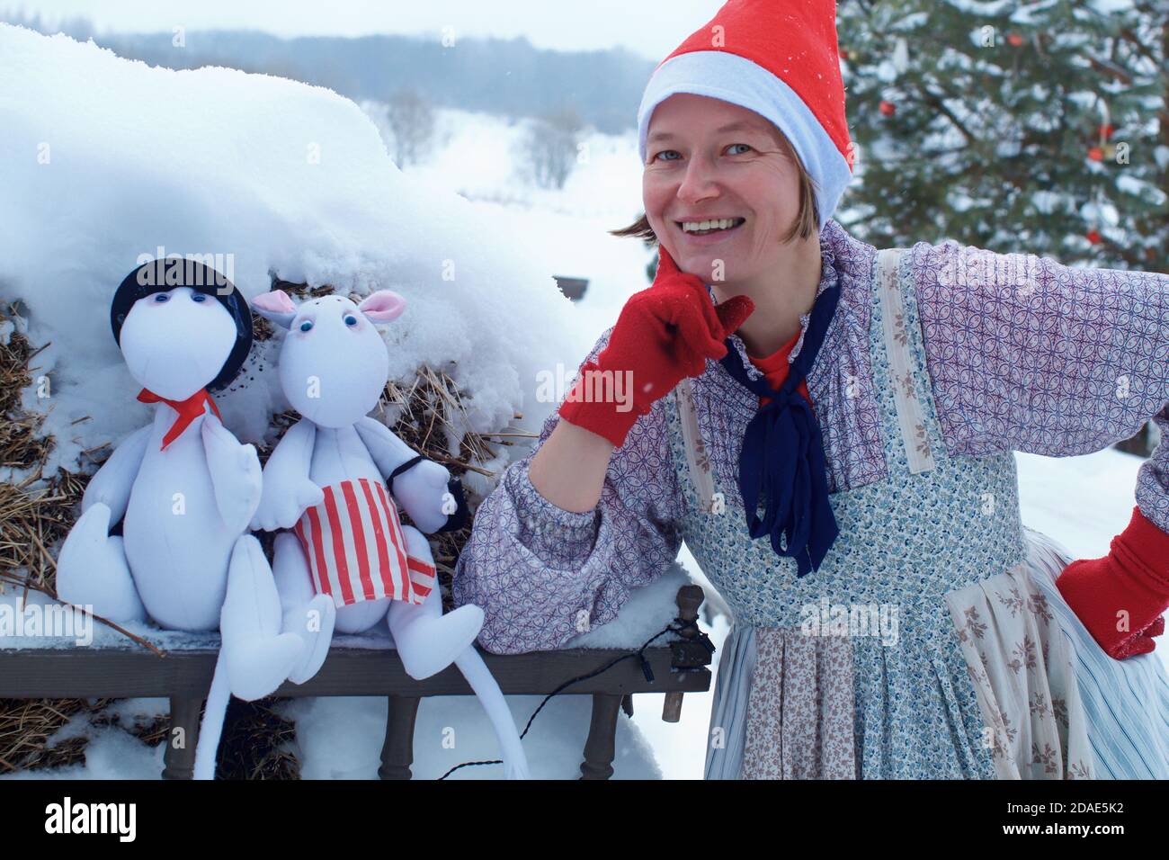 Moscow region / Russia - 01 06 2019: Moomintroll dolls in snow. Moomin ...
