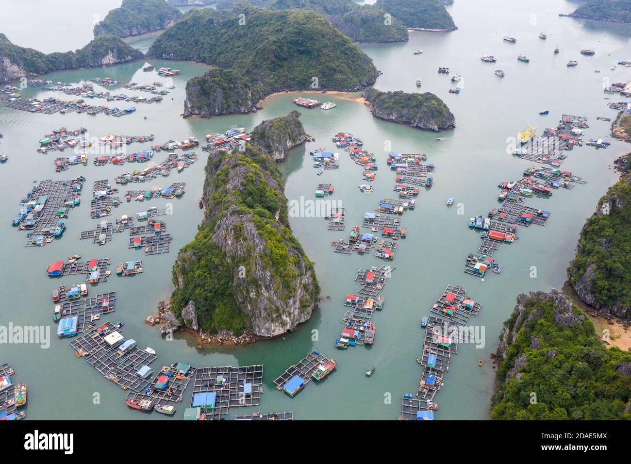 Aerial view of Floating fishing village in Lan Ha Bay, Vietnam. UNESCO ...