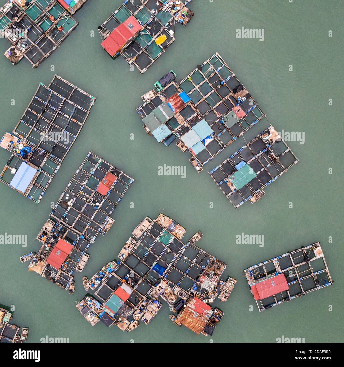 Aerial view of Floating fishing village in Lan Ha Bay, Vietnam. UNESCO ...