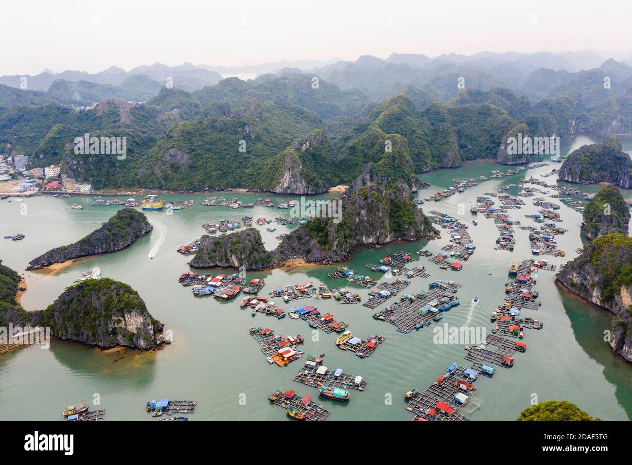 Aerial view of Floating fishing village in Lan Ha Bay, Vietnam. UNESCO ...
