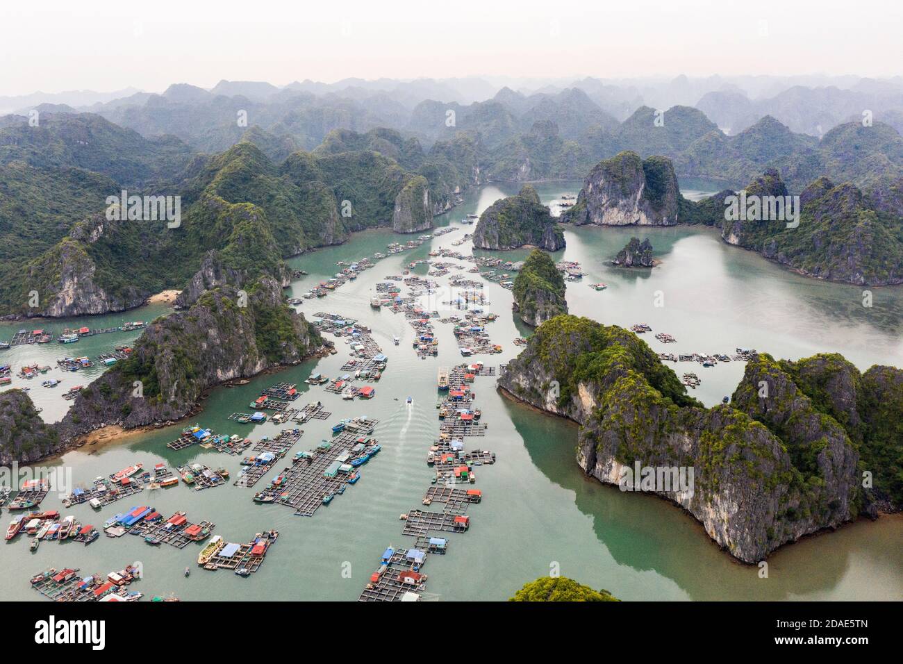 Aerial view of Floating fishing village in Lan Ha Bay, Vietnam. UNESCO ...