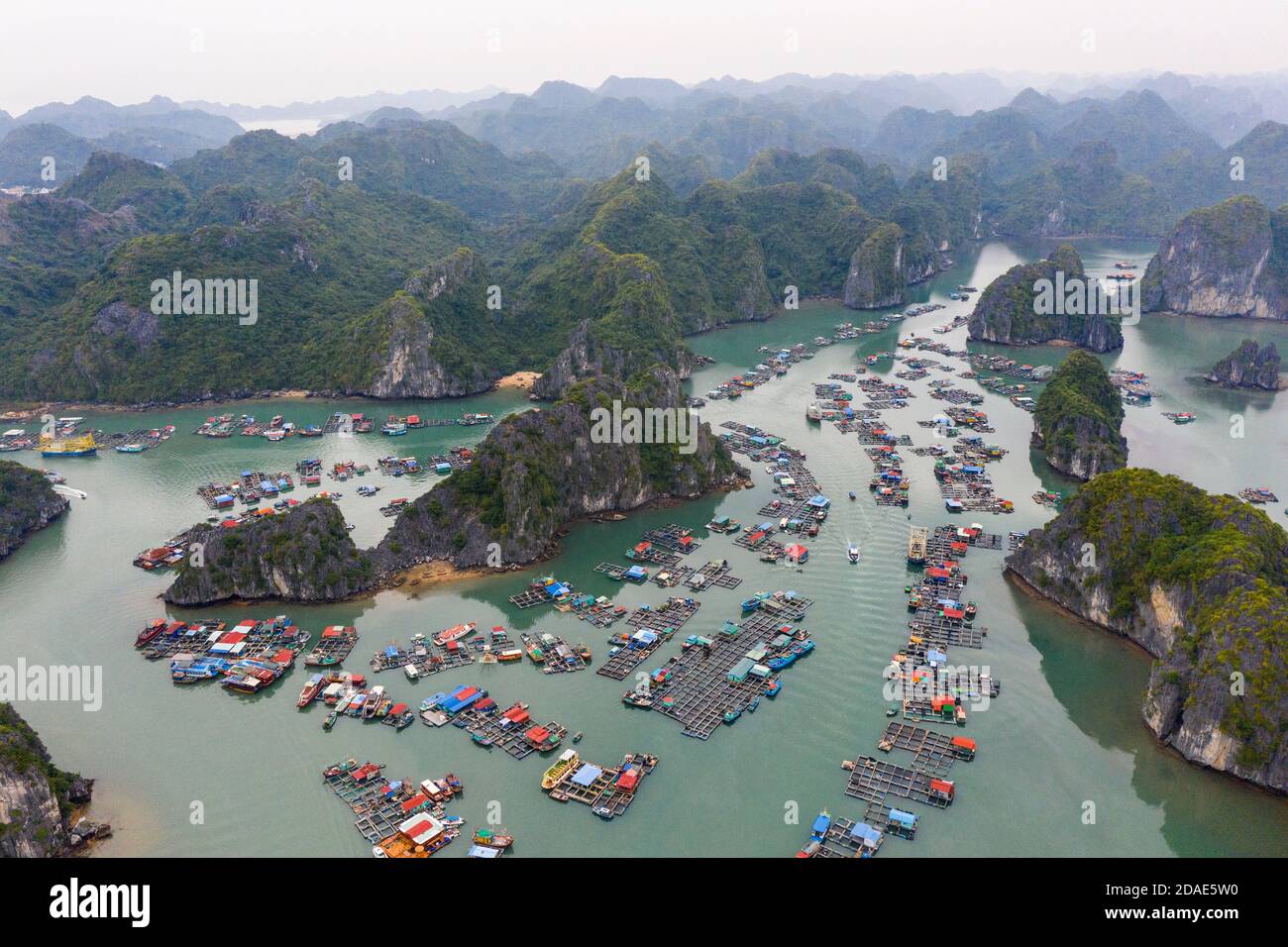 Aerial view of Floating fishing village in Lan Ha Bay, Vietnam. UNESCO ...