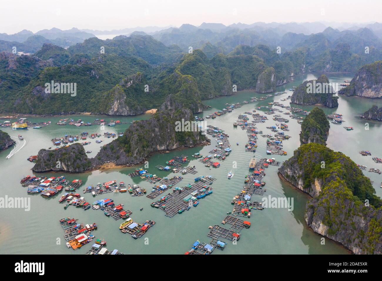 Aerial view of Floating fishing village in Lan Ha Bay, Vietnam. UNESCO ...