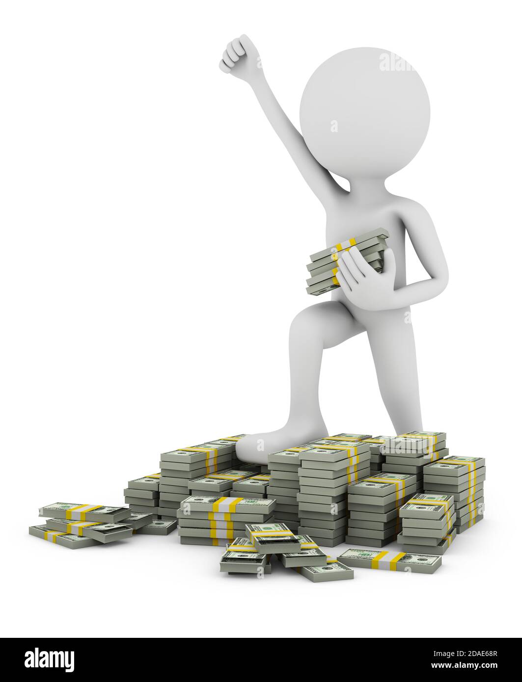 A man with a raised hand stands on piles of bundles of money. 3D ...
