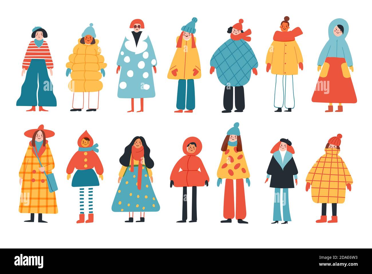 Big set of female characters in different clothes in hand drawn style ...