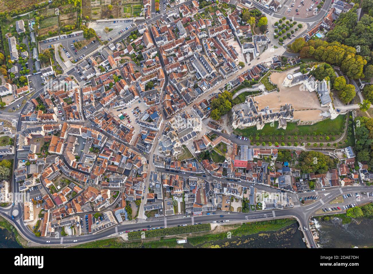 Aerial view of Saint-aignan-sur-cher, old castel and river the Cher, in the loir-et-cher Stock ...