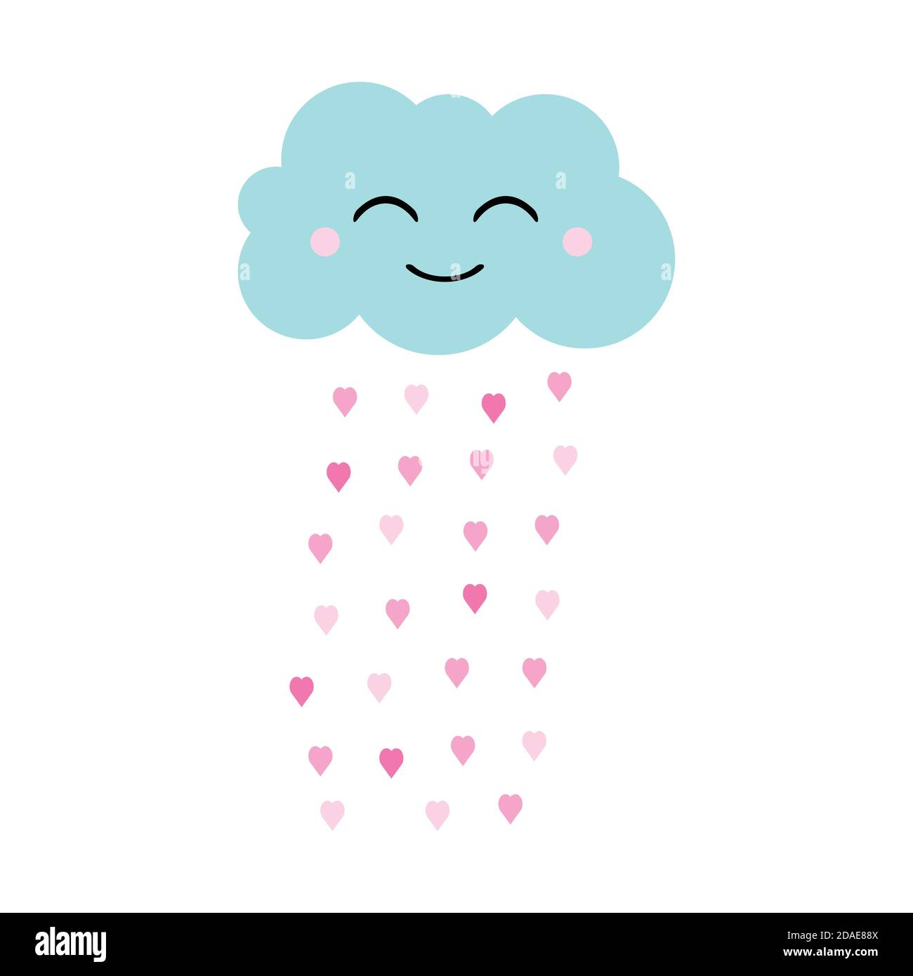 Cute blue cloud with rain of pink hearts, happy valentine's day, flat ...